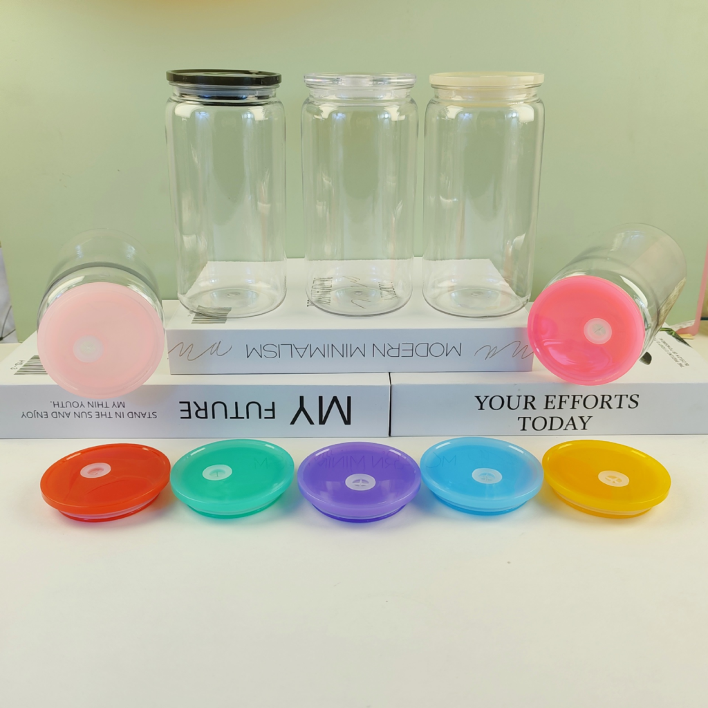 Transparent Acrylic 16oz Libby Beer Can with Colored PP Lids