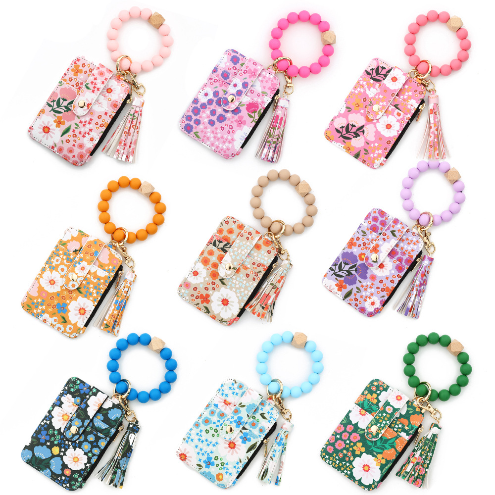 Boho Style Beaded Tassel Keychain Card Wallet with Flower Pattern ...